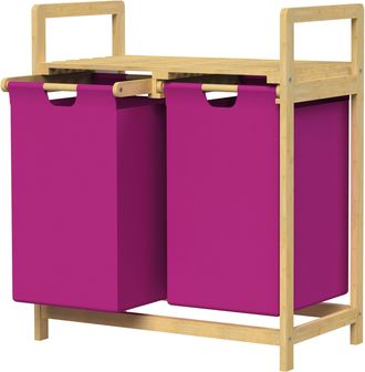 ML Design ML-Design Wäschekorb aus Bambus, Magenta, Wäschebox mit 2 Fächern, Wäschesammler mit 2 ausziehbaren Wäschesäcken 60 L, Wäschetruhe mit Ablage, Wäsches