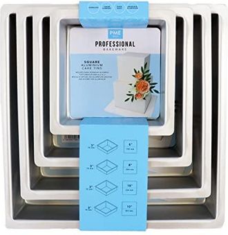 PME Quadratische Kuchenformen 15, 20, 25, 30 cm x 7,5 cm tief, 4er -Satz, Silber