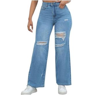 Generic Jean pour femme - Coupe droite - Baggy - Taille haute - Pantalon en denim d&eacute;chir&eacute; - &Eacute;l&eacute;gant - Confortable - Jambes larges - Grandes tailles - Y2K Stre
