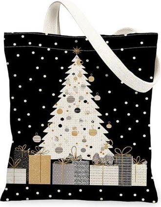 Generic Sacs fourre-tout en toile motif sapin de No&euml;l, sacs de courses r&eacute;utilisables, l&eacute;gers et festifs, avec bandouli&egrave;re lavable, noir, 13x15 Inch