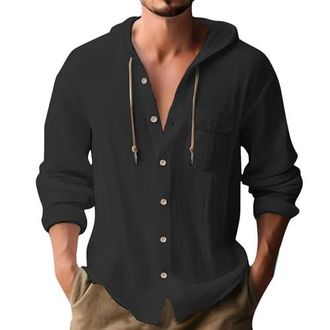 Generic Chemise en lin pour homme, chemise &agrave; manches longues, chemise &agrave; capuche, chemise boutonn&eacute;e, couleur unie, haut de sport, l&eacute;ger, haut d&eacute;t&eacute; et de plage,