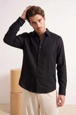 Trendyol MAN Herren Schwarz Einfarbig Lang Regular Fit Hemden