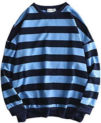 Minetom Hommes Ray&eacute; Sweatshirt Col Rond Manches Longues T-Shirt Crew Neck Style Marine Ray&eacute; Sweatshirt Top Basic Shirt A Bleu M