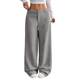 Generic Pantalon ample en velours côtelé pour femme, taille haute élastique, pantalon palazzo décontracté et confortable avec poches, gris, XS
