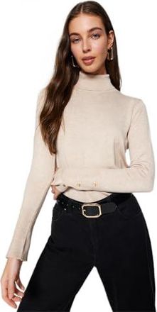 Trendyol Pull Slim &agrave; Manches Longues pour Femme Sweater, Stone