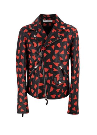 J.W.Anderson Red & Black Heart Print Leather Biker Jacket Size M