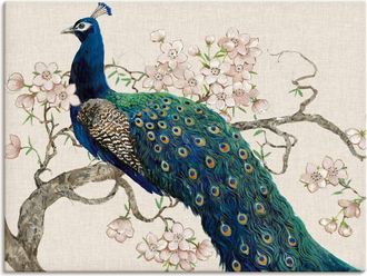 Artland Wanddeko Leinwand Bilder Wandbild 80x60 cm Pfau Kirschblüten Asien Blumen Blüten Tiere Vögel Shabby Chic T2PK