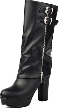 SJJH Bottes mi-longues Design unique | Bottes pour femmes par temps frais, talon 9,5 cm, fermeture &eacute;clair lat&eacute;rale, confortables, Noir, 38 EU