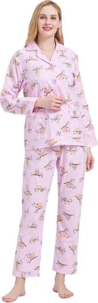 Global Schlafanz&uuml;ge Damen Flanell | Baumwolle Damen Pyjama Set | Zweiteiliger Nachtw&auml;sche Damen Pjs Set Lang | Knopfleiste vorne und Kordelzug | Rosa, Faulti