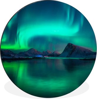 MuchoWow Wandbild Rund Wanddeko Deko Wohnzimmer Bilder 30x30 cm Nordlichter - Berge - Norwegen