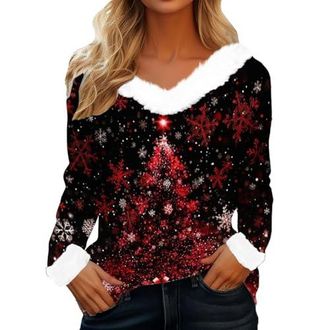 Generic Pull de Noël pour femme avec col en V et bordure en fausse fourrure graphique Manches longues Col en peluche T-shirt dhiver confortable, bordeaux, XXL