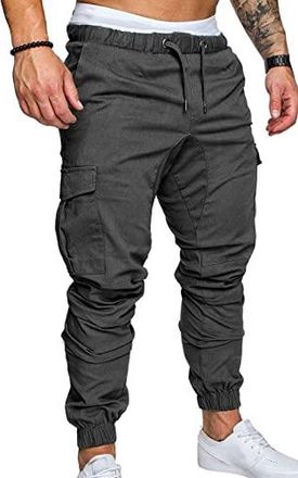 TOMWELL Homme Eté Vintage Long Cargo Pantalon de Travail avec Multi Poche Couleur Unie Pantalon de Sport 1 Gris FoncéL