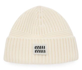 Miu Miu 5HC539 Logo-Embroidered Ribbed Knit Beanie - White