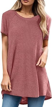 Generic T-shirt femme grande taille col rond manches courtes T-shirt long chemisier, Rose, 3XL