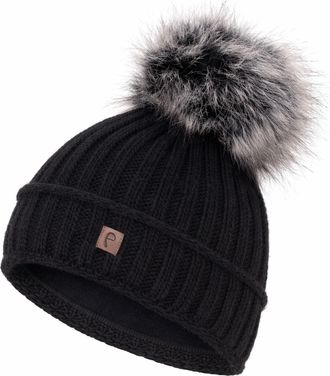Faera Winterm&uuml;tze Damen M&uuml;tze gef&uuml;ttert mit Kunstfell Bommelm&uuml;tze M&auml;dchen Fleecefutter Winter Strickm&uuml;tze Beanie Herren 34, Farbe:Schwarz