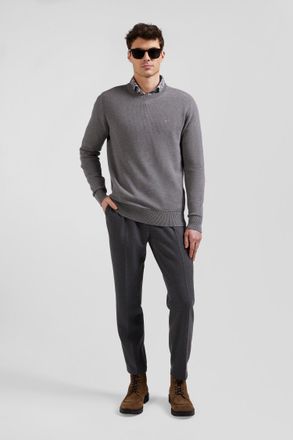 Eden Park Pull Col Rond Uni En Coton Gris Coupe Regular
