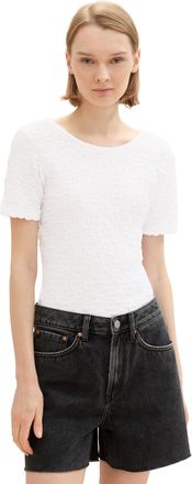Tom Tailor Damen Basic T-Shirt mit Crincle Struktur, White, XXL