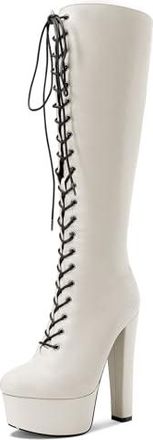 Castamere Femmes Bloc Chunky Haut High Plate-forme Talon Heel Rond Bout Lacets Fermeture à Glissière Mi Mollet Hauteur Genou Bottes 15 CM Heels Blanc Ivoire 41 