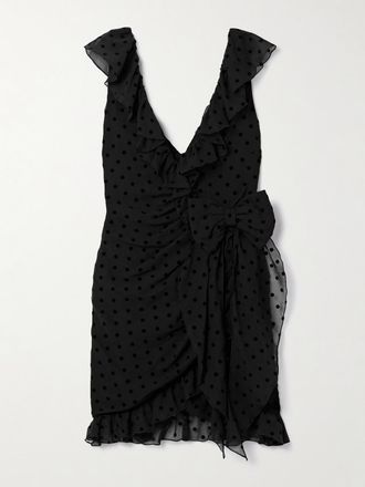 Alessandra Rich Minikleid Aus Seidenchiffon Mit Flockprint, Volants Und Schleife - Schwarz