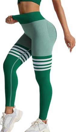 Generic Legging dext&eacute;rieur ray&eacute; pour femme, taille haute, pantalon de yoga et de course, pantalon de sport 3/4, avec poche pour t&eacute;l&eacute;phone portable, vert, XL