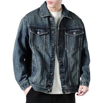 Generic Veste en jean dinspiration vintage pour homme avec plusieurs poches en coton m&eacute;lang&eacute;, lavable en machine, d&eacute;contract&eacute;, Bleu r&eacute;tro., 3XL