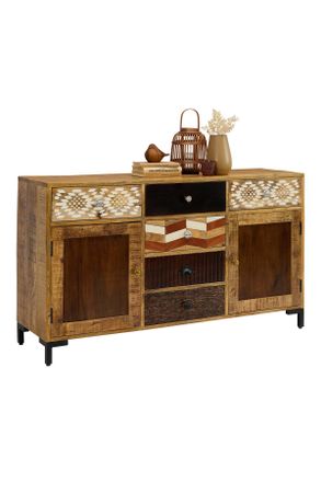 Landscape Sideboard, Braun, Mehrfarbig, Akazie, Kupfer, Metall, Keramik, Akazie, Mangoholz, massiv, 2 F&auml;cher, 6 Schubladen, 140x80x40 cm, Typenauswahl, Beim&ouml;bel