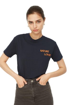 Trendyol Trendyol Damen Vorder- und Rücken-gedrucktes Halb Ausgestattetes Gestricktes T-shirt T Shirt, Navy, XS EU