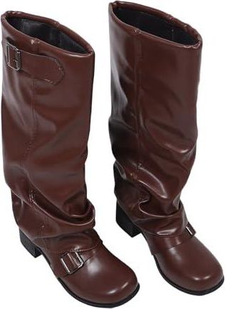 Garneck Hautes Au Genou pour Femme Marron R&eacute;tro Cowgirl PU Vintage Confort Large Mollet Semelle Robuste pour Usage Quotidien et Ext&eacute;rieur