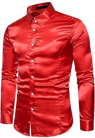 Generic Chemise brillante à manches longues pour homme, coupe classique, col rabattable, chemise légère en satin pour danse, fête, smoking, tendance, infroiss