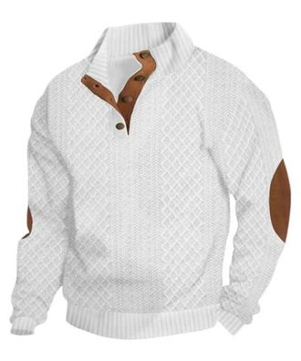 Generic Pull en tricot torsad&eacute; pour homme - Manches longues - Col montant - Fermeture &eacute;clair 1/4 - Avec coudes, blanc, 4XL