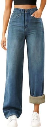 Minetom Jean Doubl&eacute; Polaire Femme Taille Haute Pants en Denim Thermique Hiver Chaud &Agrave; Jambes Larges Fourr&eacute; Ample D&eacute;contract&eacute; Trousers D Bleu Clair XS