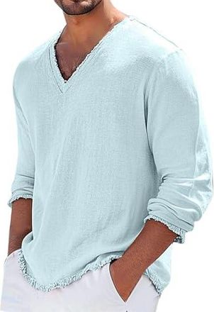 Generic Chemises de plage &agrave; col en V pour homme, hauts en coton et lin pour homme, chemises tendance et minimaliste, hauts confortables et r&eacute;guliers, chemise 