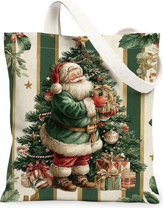 Generic Sacs fourre-tout vintage en toile de No&euml;l, motif P&egrave;re No&euml;l festif, sacs de courses r&eacute;utilisables, l&eacute;gers et lavables en toile pour &eacute;v&eacute;nements de vacan