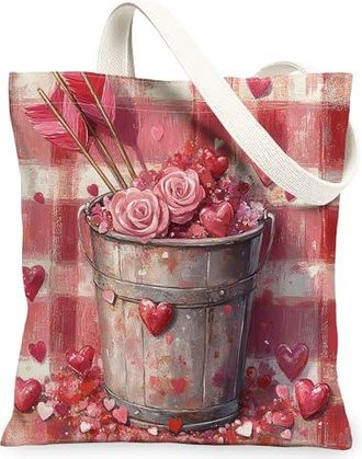 Generic Sacs fourre-tout r&eacute;utilisables en toile pour la Saint-Valentin, motif floral et coeur, sacs d&eacute;picerie, l&eacute;gers et lavables pour lext&eacute;rieur, les voyages