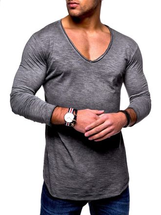 Behype. Herren Oversize Longsleeve Langarm T-Shirt V-Neck Ausschnitt 30-0014 Dunkelgrau S