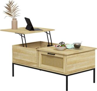HOMCOM Table basse relevable style bohème chic - 2 tiroirs, compartiment - aspect cannage rotin PVC panneaux aspect bois clair