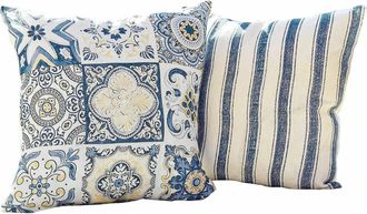 Loberon Kissenhülle 2er Set Bourrignon, wunderbar kraftvolle Farben, mit Streifen und Ornamenten, perfekt kombiniert, Kissenbezüge, Leinen, blau/beige