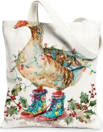 Generic Sacs fourre-tout en toile doie de No&euml;l, motif oiseau festif, sacs d&eacute;picerie r&eacute;utilisables, sacs d&eacute;picerie vintage, l&eacute;gers, lavables en toile pour voya