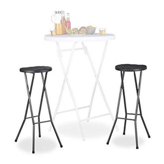 Relaxdays Tabouret pliant de jardin BASTIAN lot de 2 sans dossier r&eacute;sistant hauteur 80 cm chaise de bar plastique optique rotin, noir