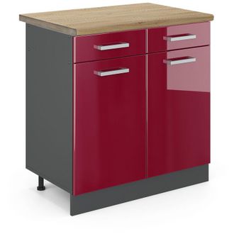 Vicco Meuble cuisine R-Line, Rouge bordeaux Haute brillance, 80 cm, pt Ch&ecirc;ne