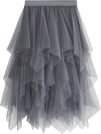 Generic Body m&eacute;tallique pour femme - Taille haute &eacute;lastique - Jupe midi - Jupe superpos&eacute;e irr&eacute;guli&egrave;re en maille - Jupe dHalloween, gris fonc&eacute;, M