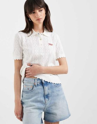 Tommy Jeans Pull en maille pointelle &agrave; col polo - Blanc