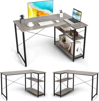 Costway Costway - Bureau dangle en Forme l Réversible, Poste de Travail avec Étagères de Rangement, 120 x 88 x 74,5 cm, Peu Encombrant, pour Maison, Bureaux