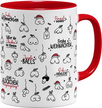 OM3 Lustige Jingle Balls Weihnachts Kaffee-Tasse mit Penisse - Pimmel Tasse Penis-Muster Doodle - Keramik Becher - 325ml - Beidseitig Bedruckt - Rot