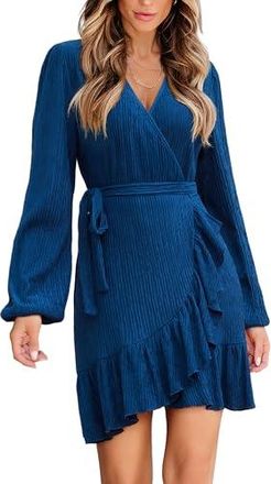 Cupshe Robe dautomne fronc&eacute;e avec col en V, manches longues, ceintur&eacute;e et volant&eacute;e pour femme, robe de cocktail &eacute;l&eacute;gante, bleu marine, L