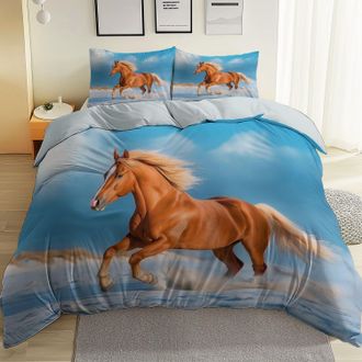 Generic Bettbezug Tiere Pferde Strand Aufdruck Geb&uuml;rstet Microfaser mit 1 kopfkissenbezug, Jungen Teens Erwachsene Bettw&auml;sche Set, Hellgrau Weich Haltbar Atmu