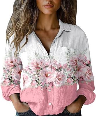 Generico Chemise Femme Curvy &agrave; Manches Longues Blouse Coton Et Lin D&eacute;contract&eacute; Respirant T Shirt Col en V Mode Chemisier Vintage Fantaisie avec Boutons Doux Ch