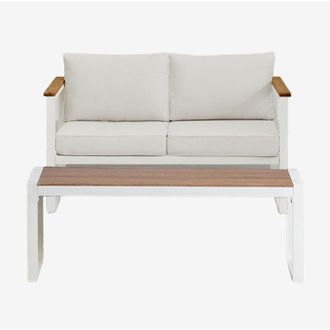 Sklum Lipov 2-Sitzer-Gartensofa und Couchtisch-Set aus Aluminium und Akazienholz 110x55cm Gardenia Wei&szlig; - Sklum