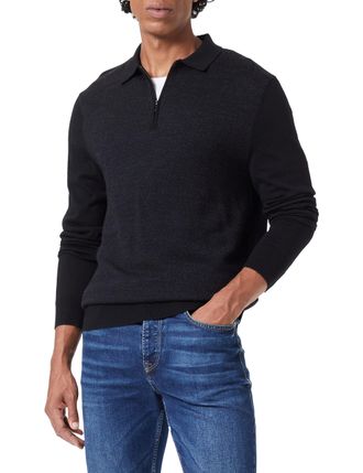 Hackett Mens Herringbone Jcqd Polo Pullover Sweater, BLK/Charcol, S