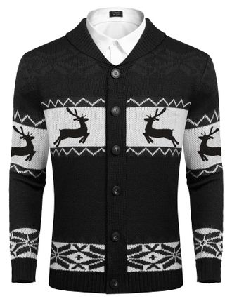 Coofandy Herren Weihnachten Christmas V Ausschnitt Pullover Strick Sweater Bequem Warmer Winter M&auml;nner Strickjacke Schwarz XXL